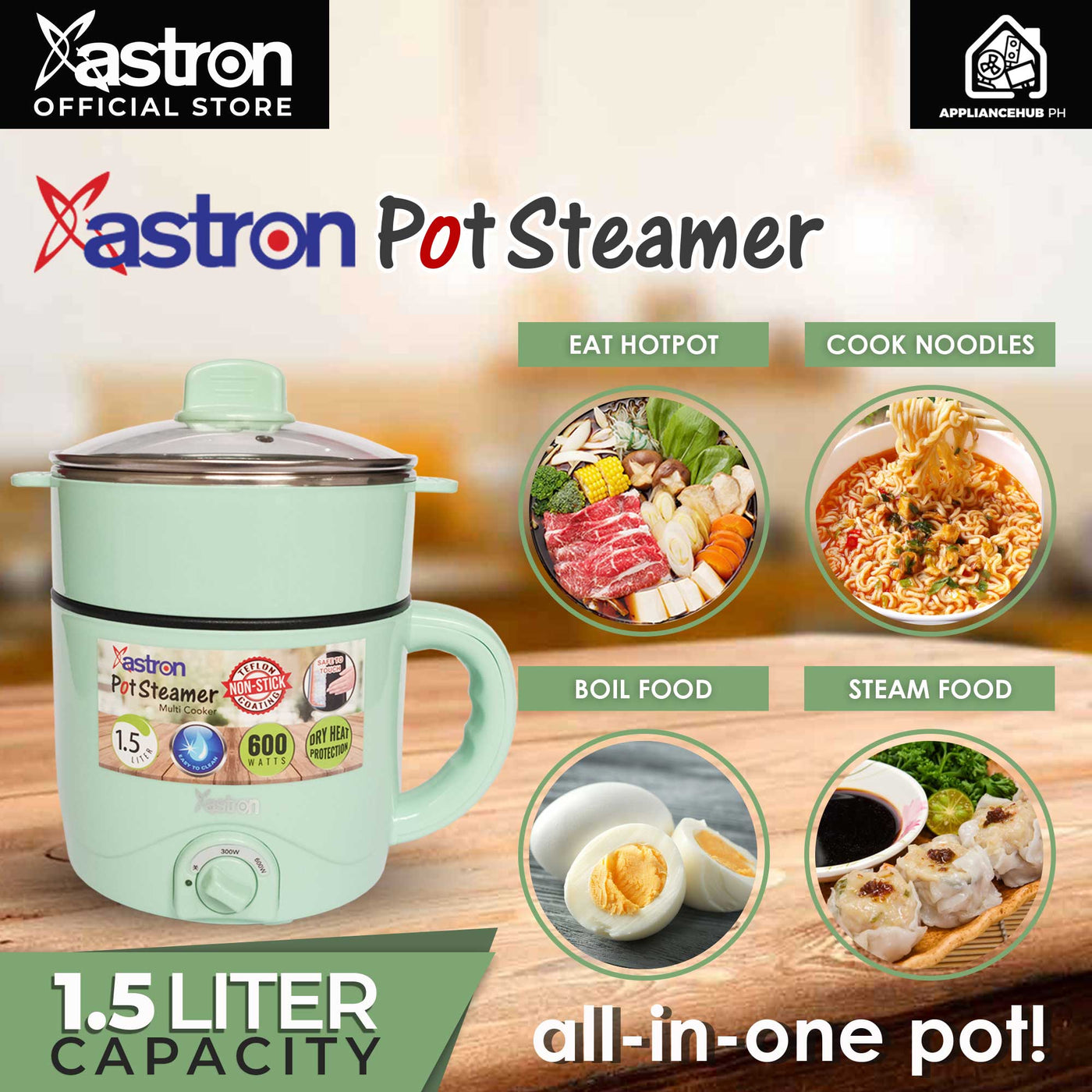 Astron POT STEAMER and MULTI COOKER (Pastel Green) (1.5L) (600W) Elect ...